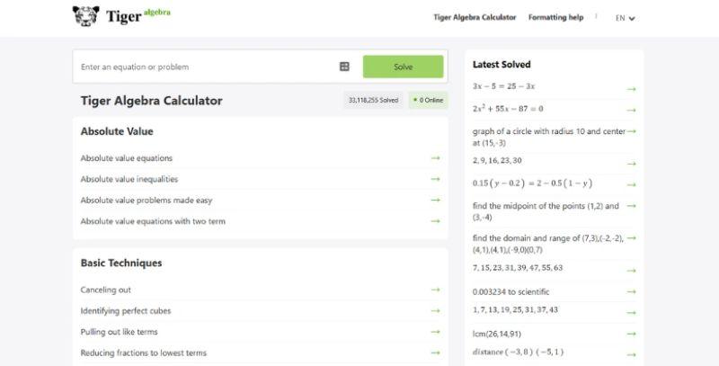 Tiger Algebra: Free Online Algebra Solver